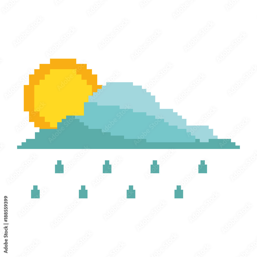 pixelated cloud sun and rain drops climate vector illustration Stock ...