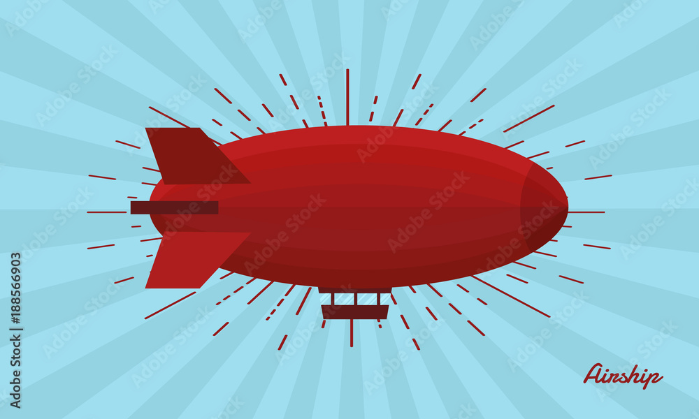 Red zeppelin airship on a blue background with light rays. Retro ...