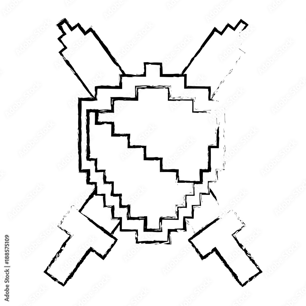 pixelated shield and swords video game vector illustration sketch ...