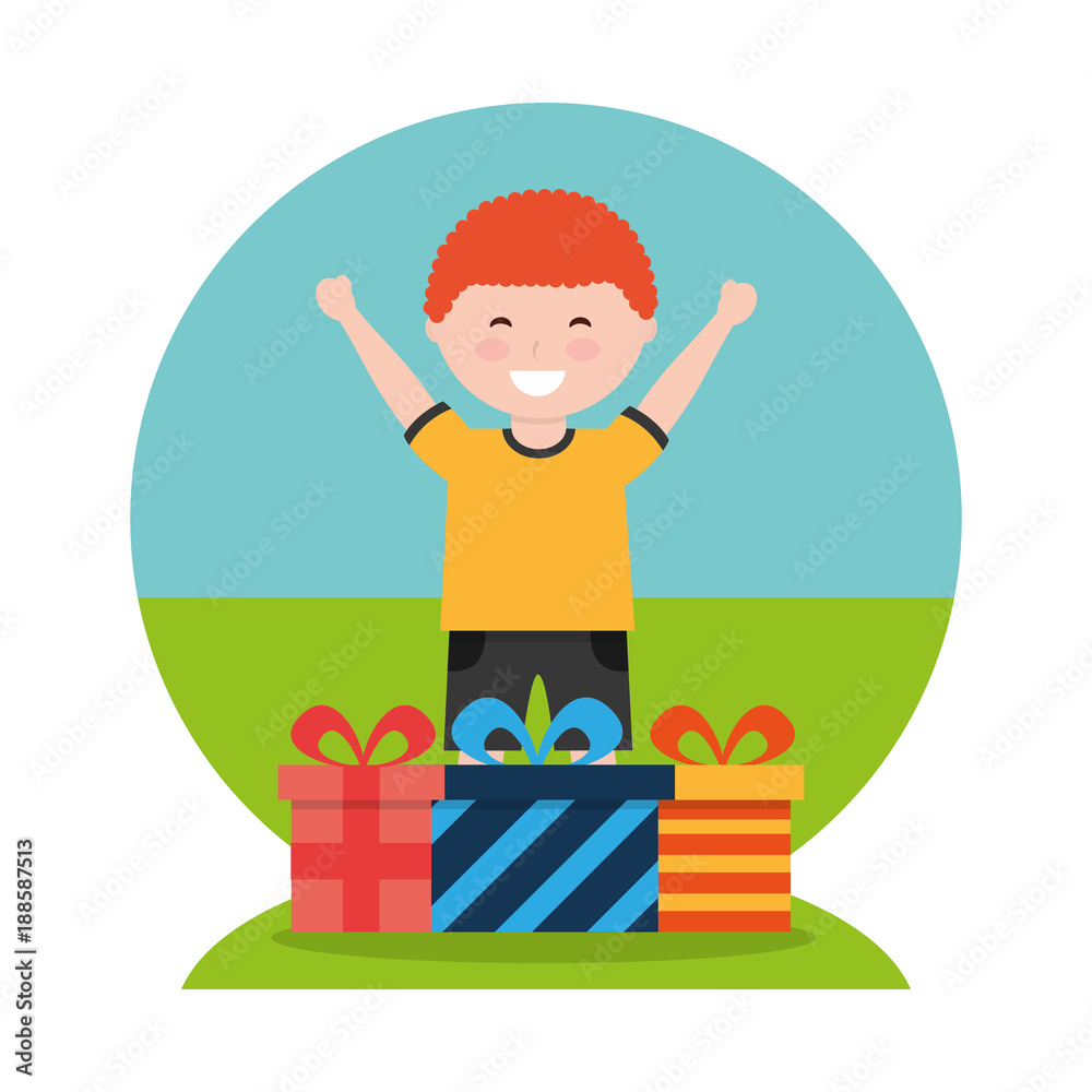 Funny cartoon boy with a big gift box in his hands. Vector cutout art ...