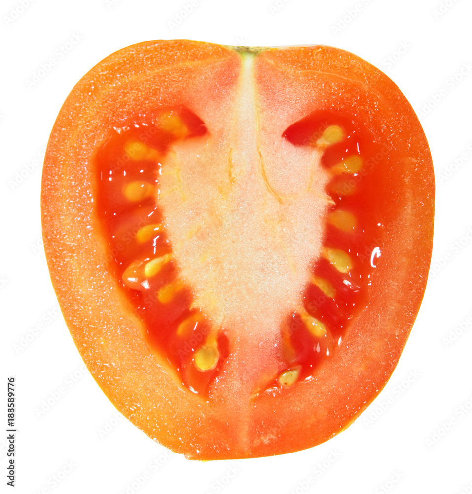 Red tomato cut in half inside longitudinal section isolated on white ...