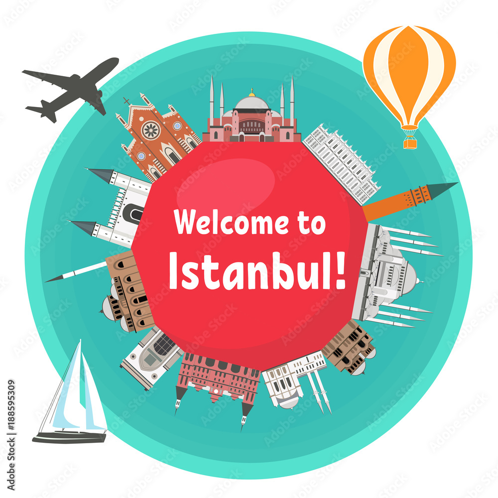 Turkish famous landmarks around the flag of country with text "Welcome ...