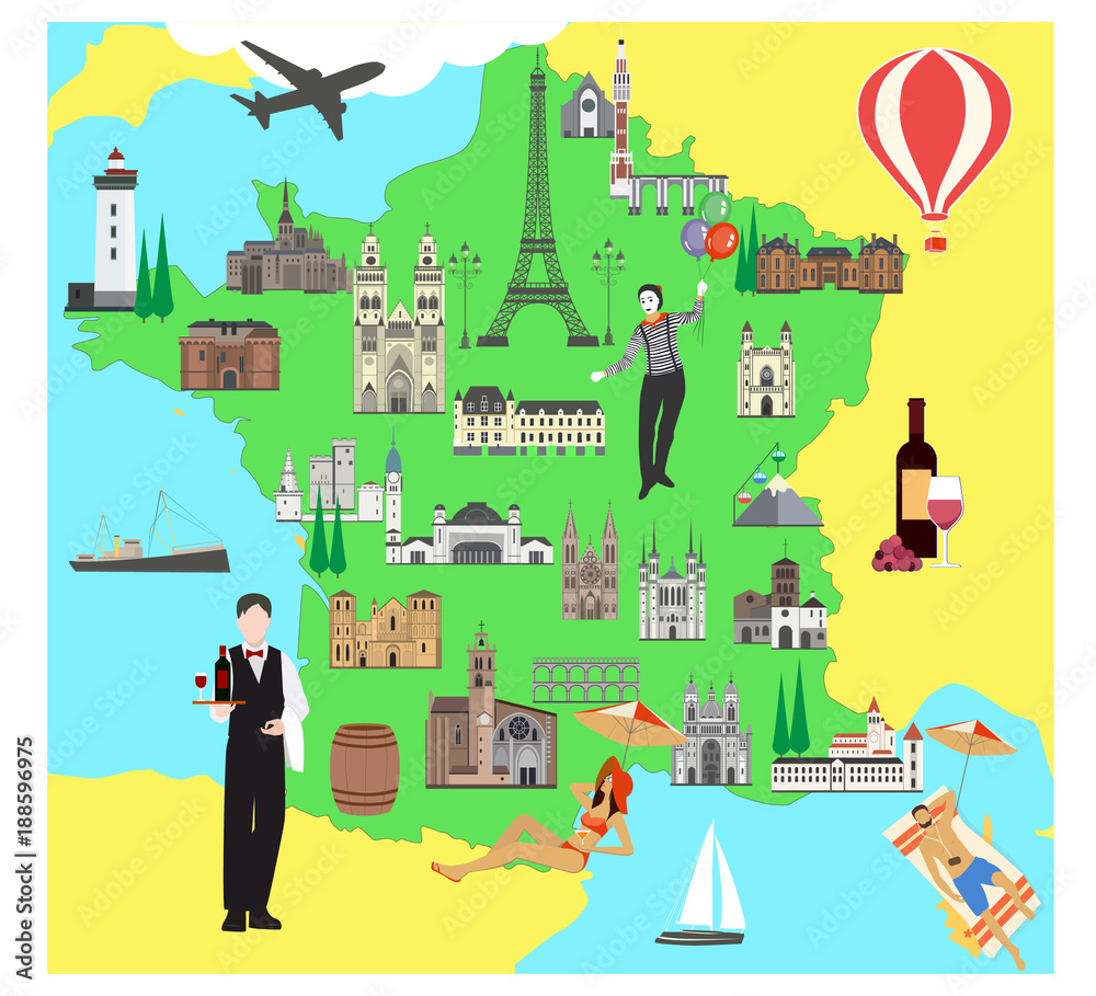 France travel map with sights flat style vector illustration. Popular ...