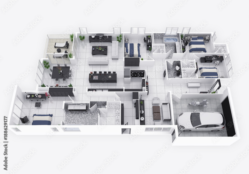 Floor plan of a house top view 3D illustration. Open concept living ...