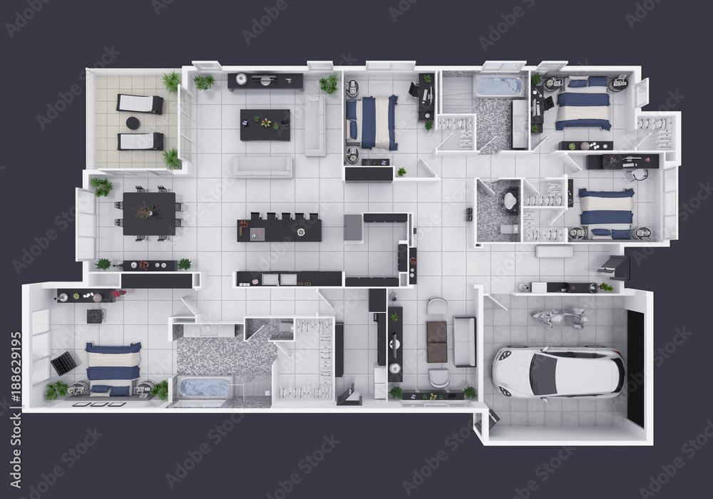 Floor plan of a house top view 3D illustration. Open concept living ...