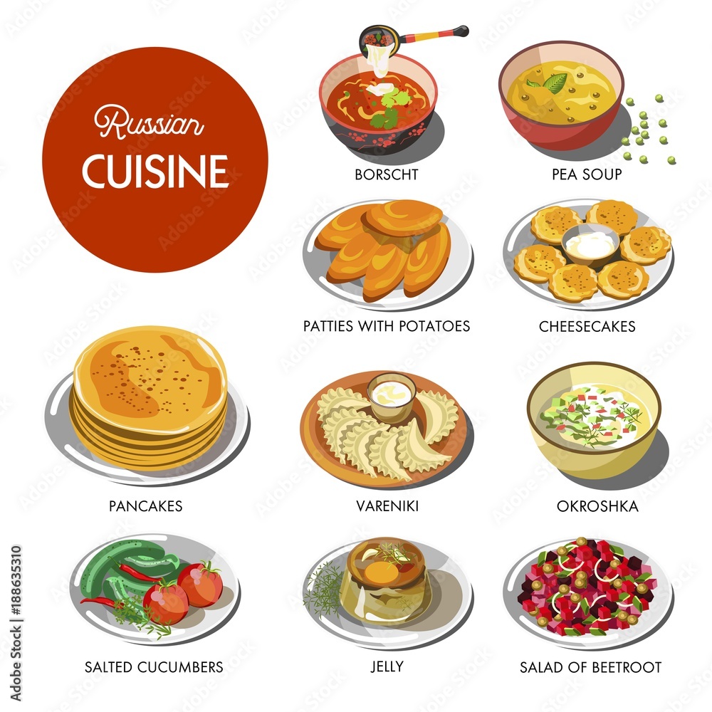 Russian cuisine traditional food dishes Stock Vector | Adobe Stock
