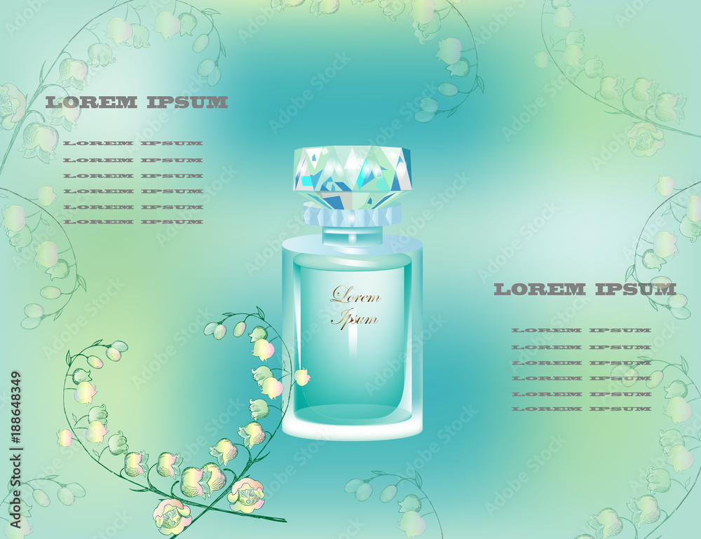 Advertising of perfumes. The layout of the perfume bottle on a blue ...