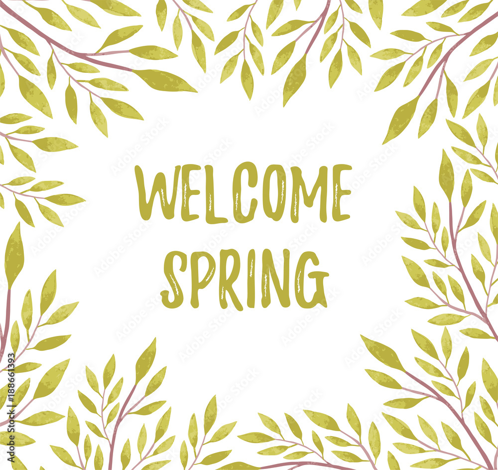 Welcome Spring lettering with decorative foliage border vector ...