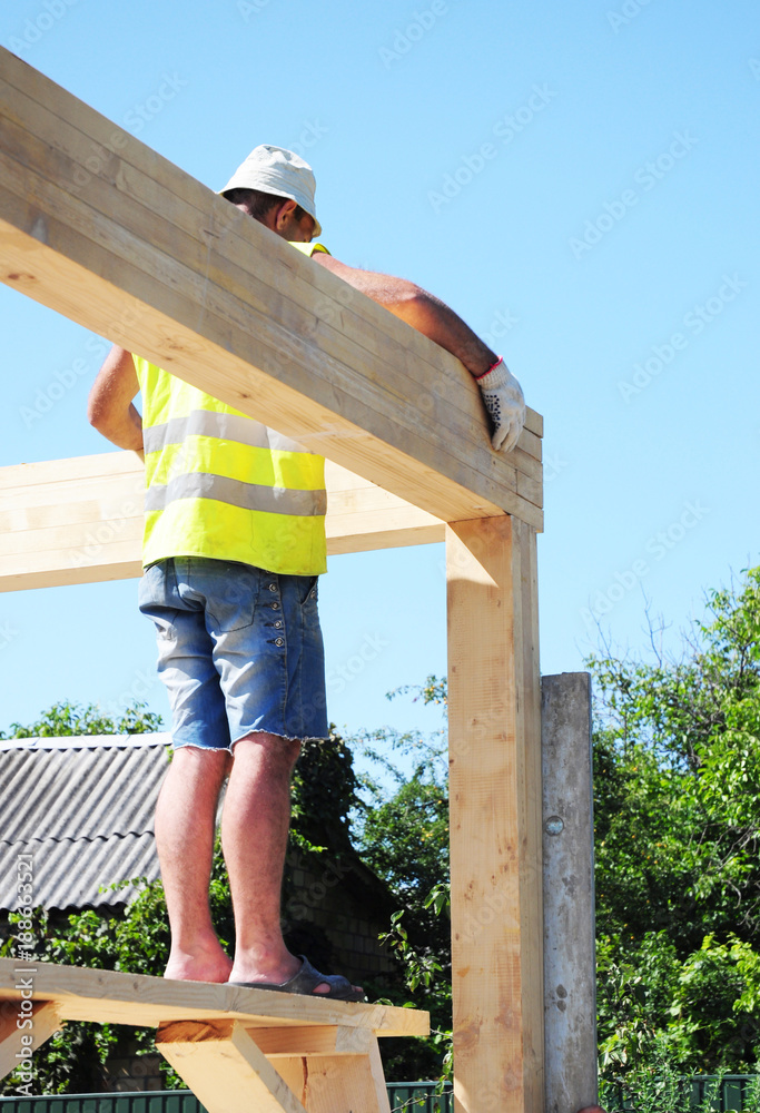 Roofer Building Wood Trusses Roof Frame House Construction. Roofing ...