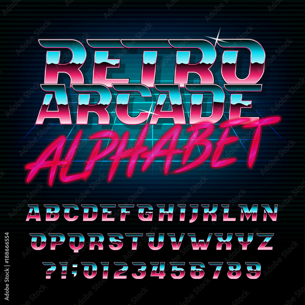 Retro arcade alphabet font. Metallic effect shiny oblique letters and ...