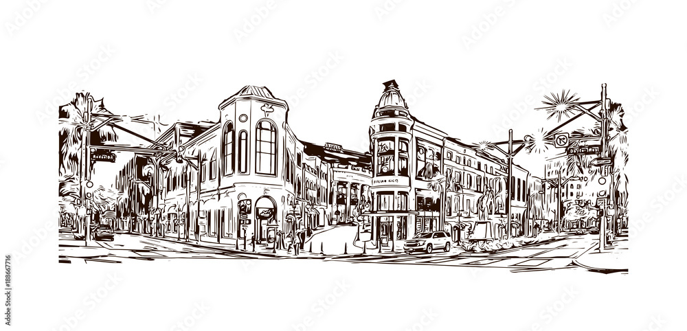 Los Angeles City in California. Hand drawn sketch illustration in ...