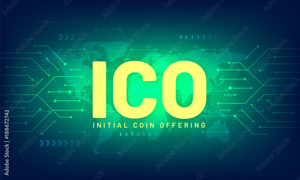 ICO initial coin offering futuristic hud background with world map and ...