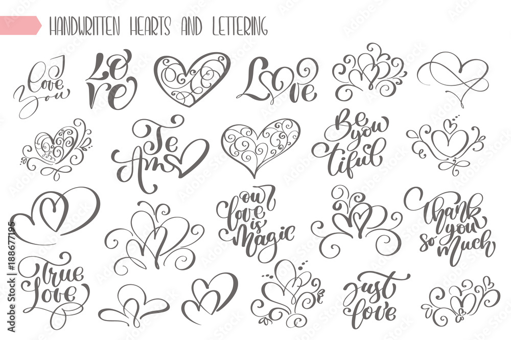 Big set hand written lettering about love to valentines day and heart ...