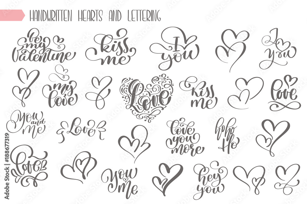 Big set hand written lettering about love to valentines day and heart ...