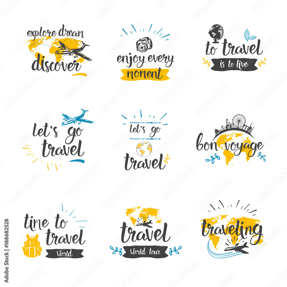 Travel Quotes Icon Set Hand Drawn Lettering Tourism And Adventure ...