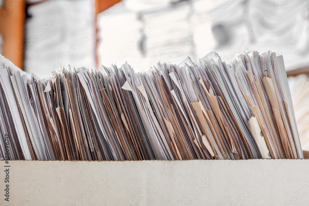 Cardboard box with old paper documents in archive, closeup Stock Photo ...