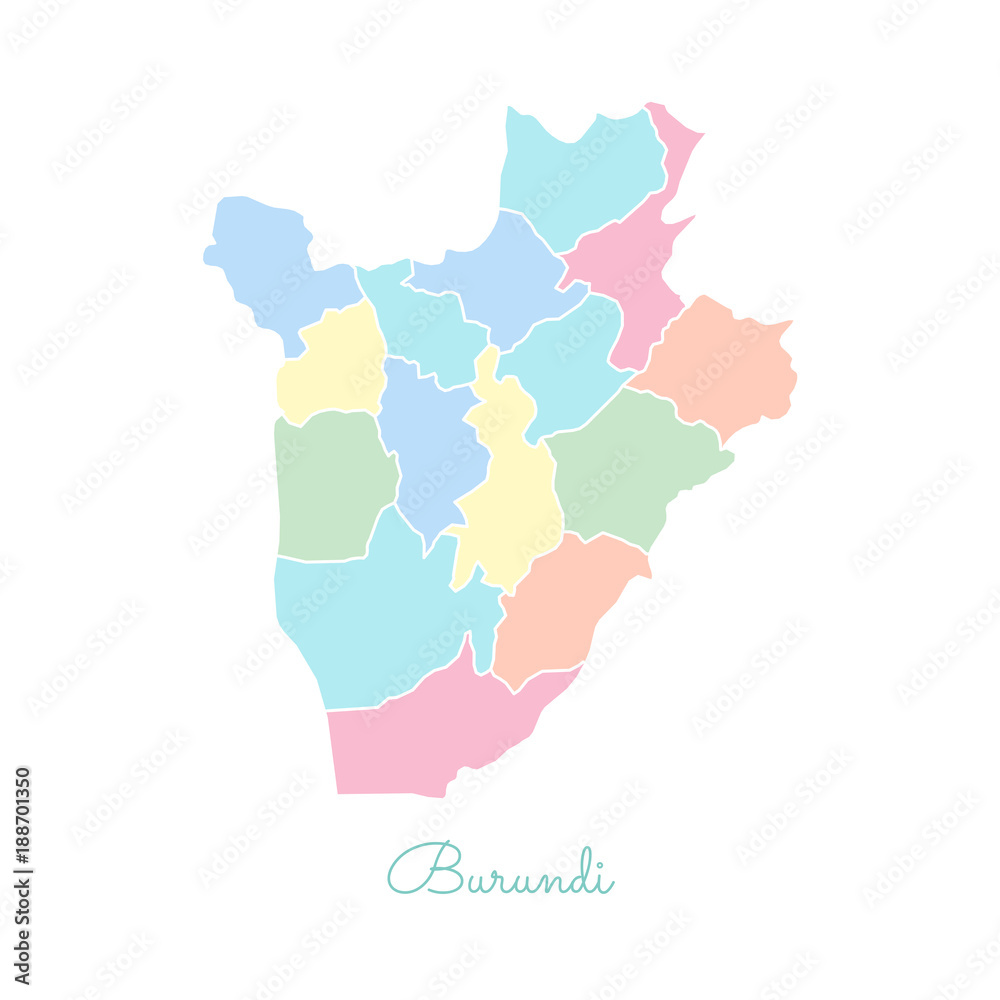 Burundi region map: colorful with white outline. Detailed map of ...