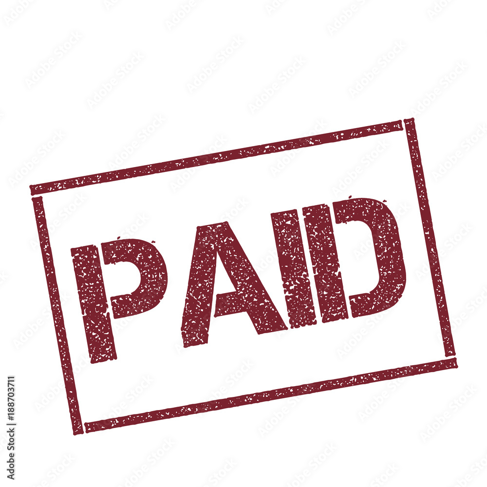 Paid rectangular stamp. Textured red seal with text isolated on white ...