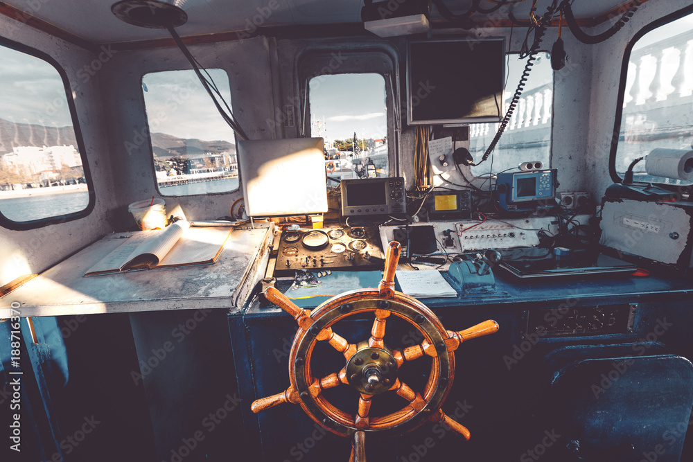 captain's bridge, Captain's cabin view from the inside Stock Photo ...