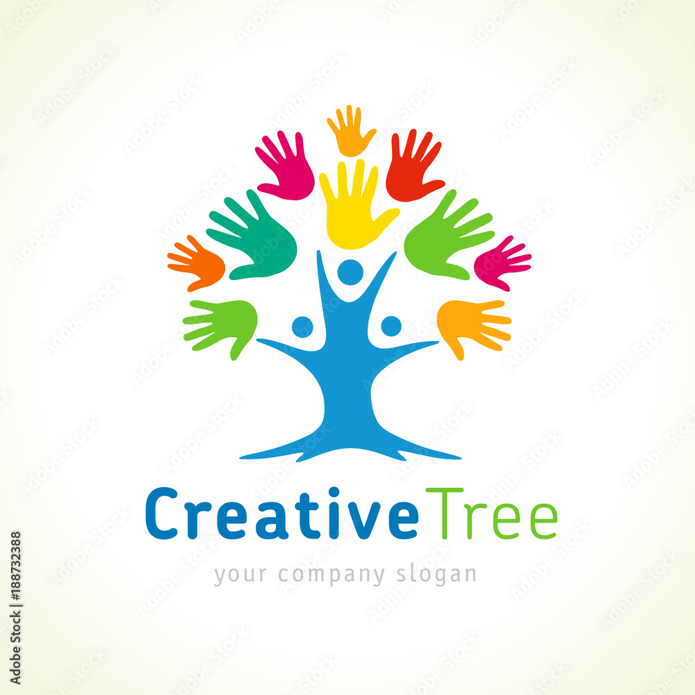 Creative tree colored hands logo template. People tree unity emblem for ...