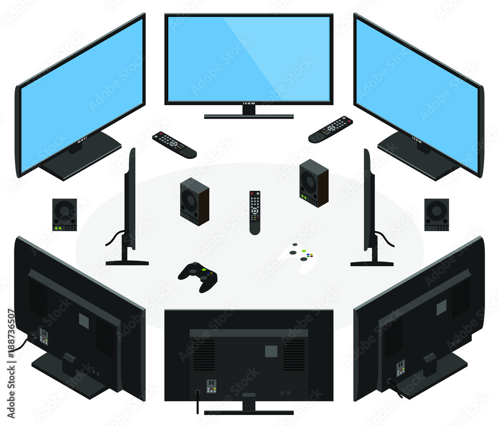 Set of the isometric Monitors with remote control. Isometric modern LED ...