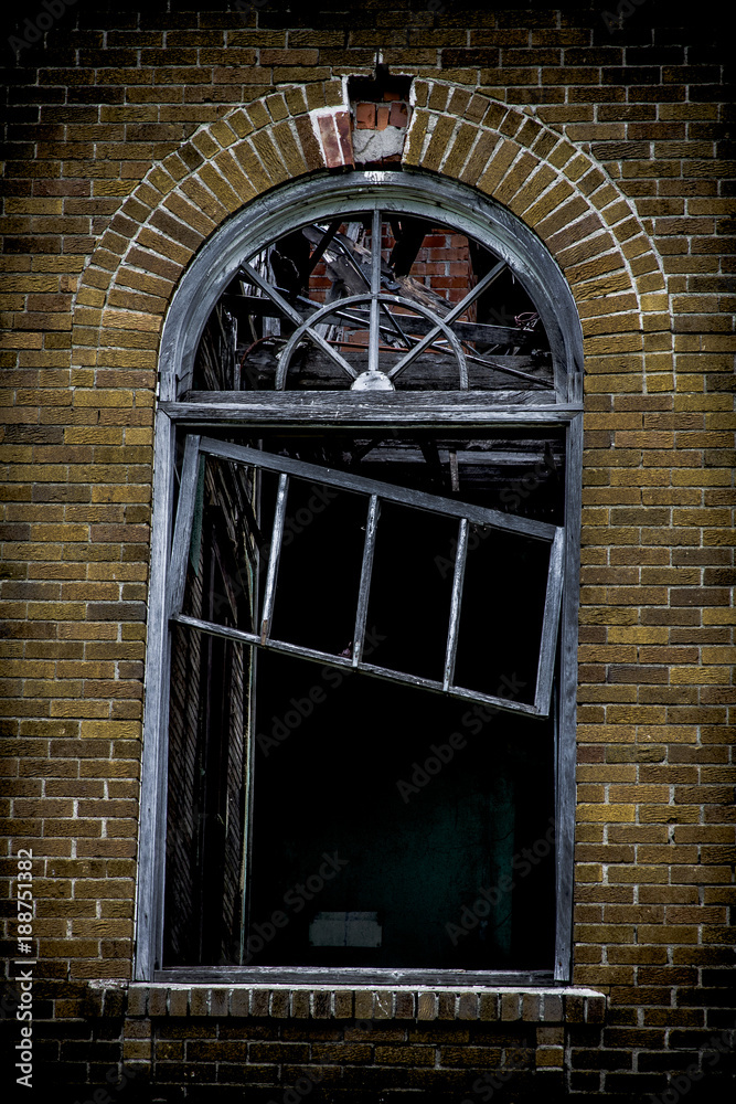 Old and decaying wooden window frame of an old brick school Stock Photo ...