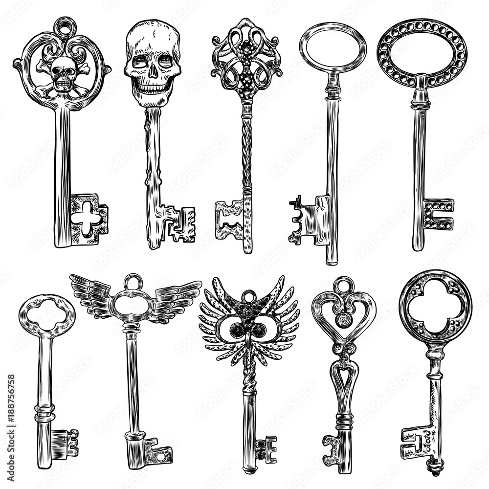 Ornamental medieval vintage keys set with intricate design, Victorian ...
