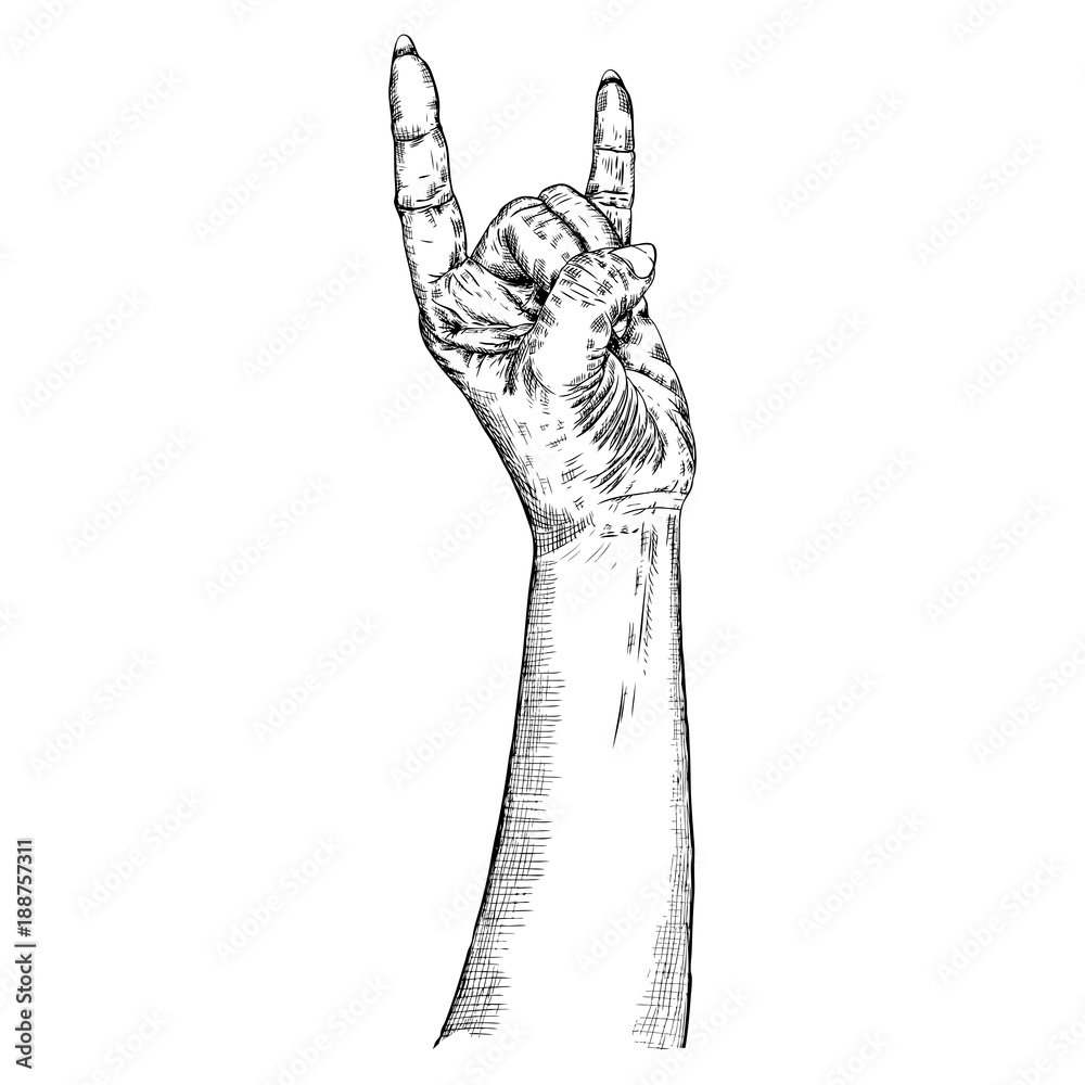 Vecteur Stock Rock and Roll hand sign. Hand drawn girl style fist demon ...