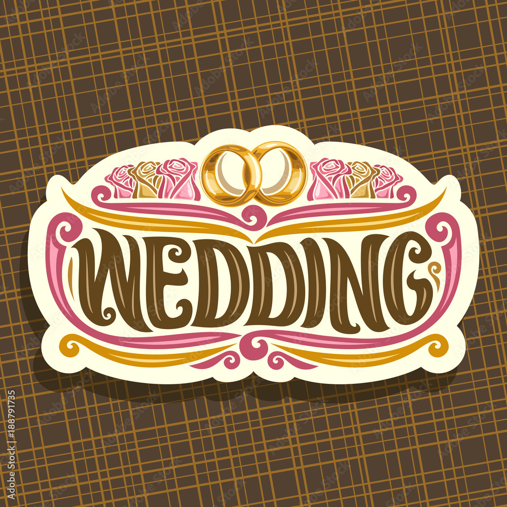 Vector logo for Wedding, cut label with pair of golden shiny engagement ...