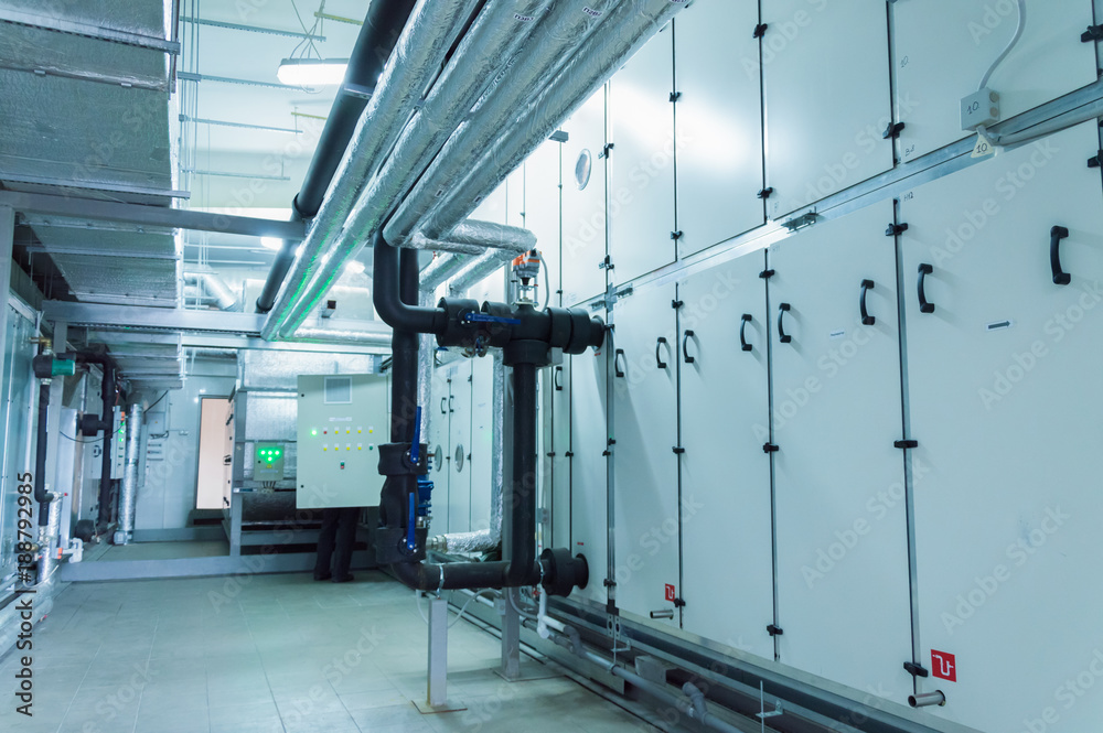 Side view of the huge gray industrial air handling unit in the ...