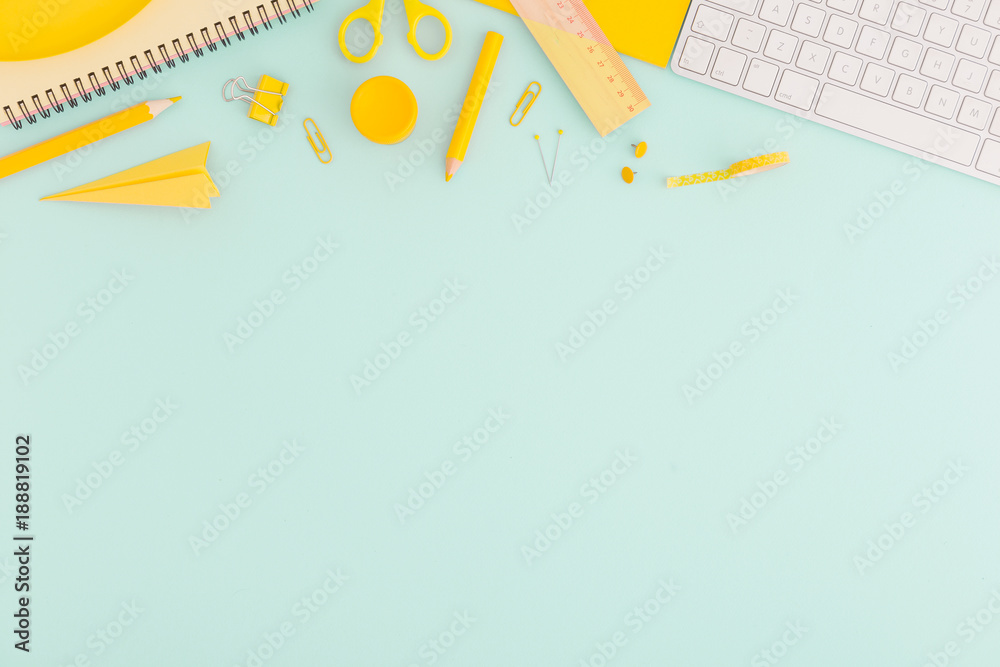 School or office background with yellow supplies. Flat lay. Stock Photo ...