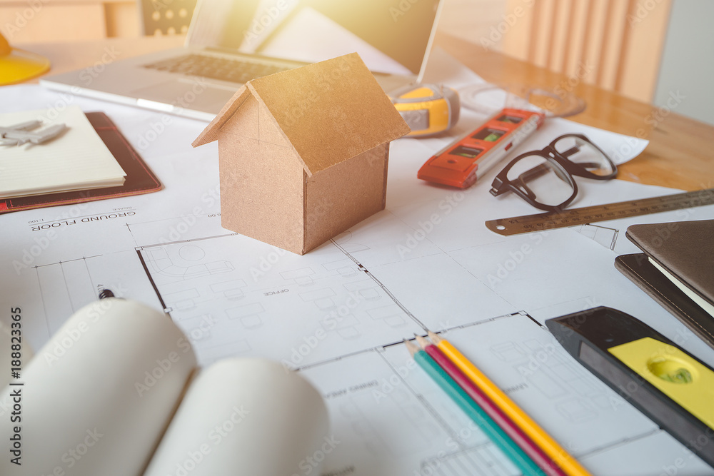 Business objects of engineer or architect on desk with engineer tools ...