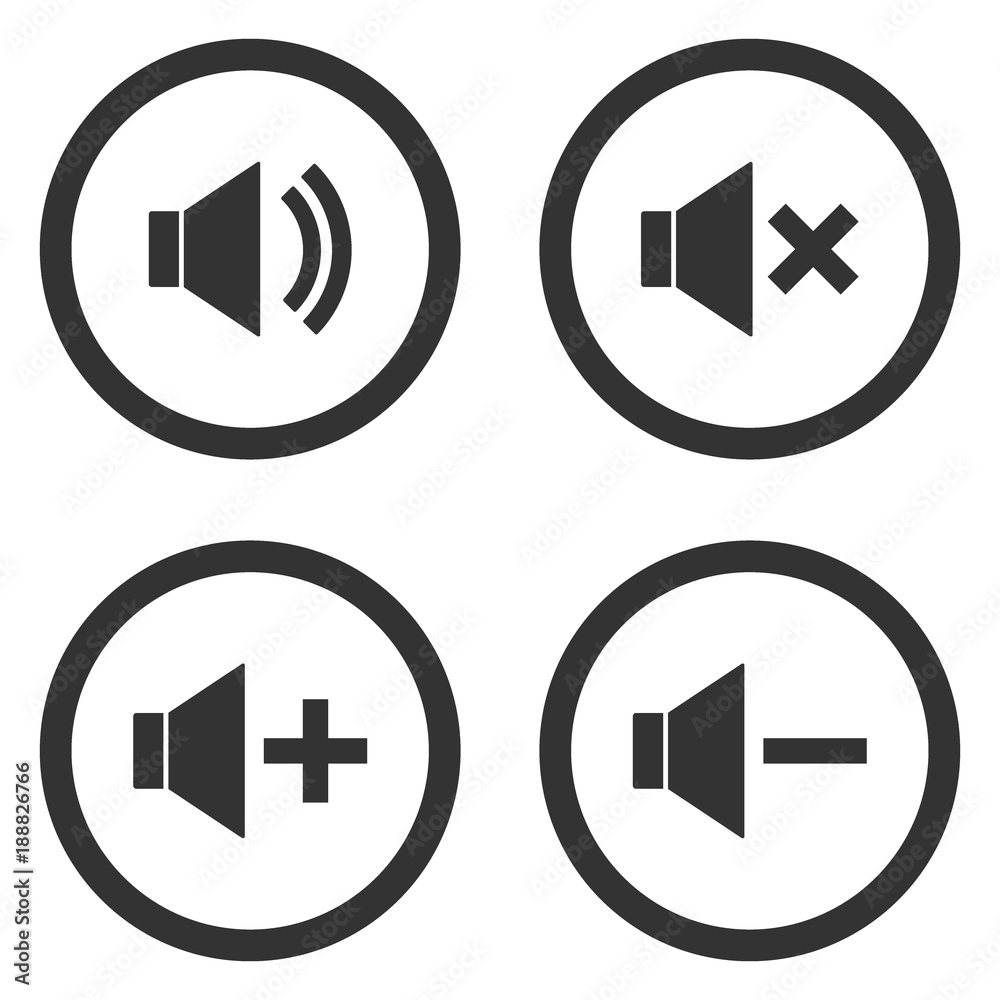 Sound volume control buttons set. Mute, unmute, quieter, louder icons ...