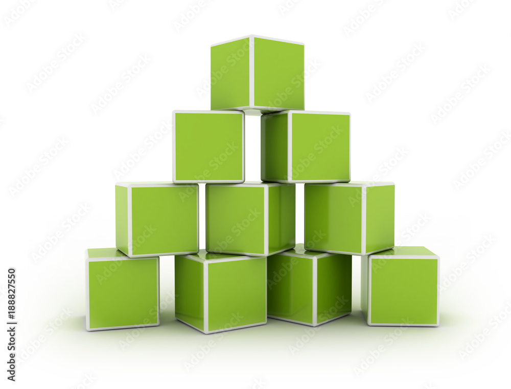 Green boxes stacked in a pyramid shape isolated on white background ...