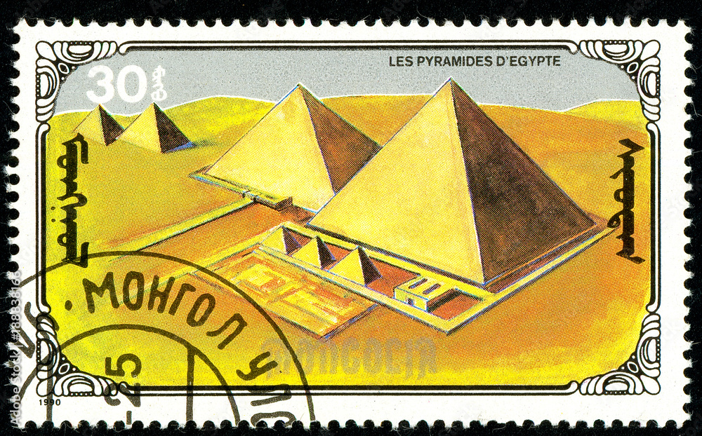 Ukraine - circa 2018: A postage stamp printed in Mongolia show Pyramids ...