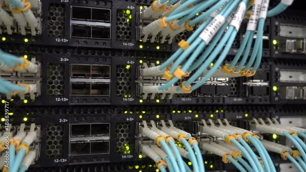 Vidéo Stock Fiber Optical connector interface. Rack Mounted Servers In ...