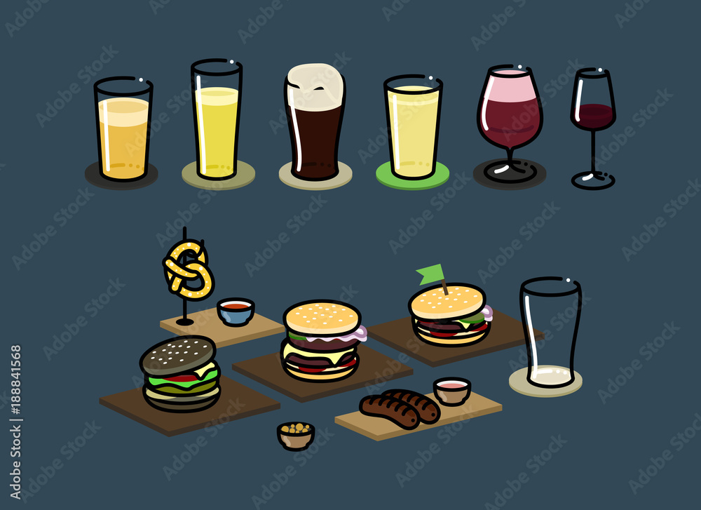 Set of beer, wine and food icons for menu. Can be placed as decoration ...