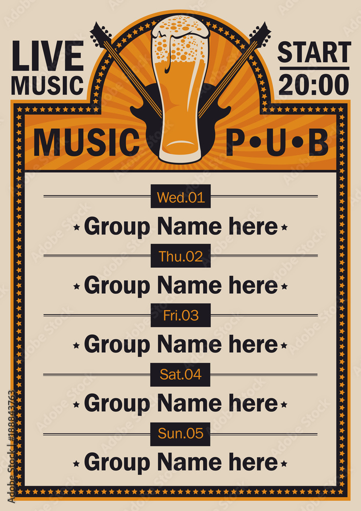 Vector poster for the beer pub with live music with image of full glass ...