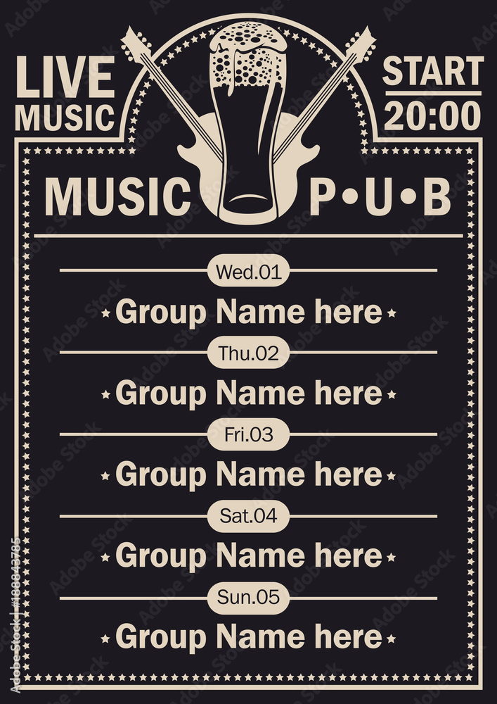 Vector poster for the beer pub with live music with image of full glass ...