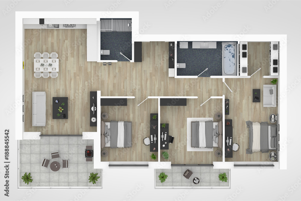 Floor plan of a house top view 3D illustration. Open concept living ...