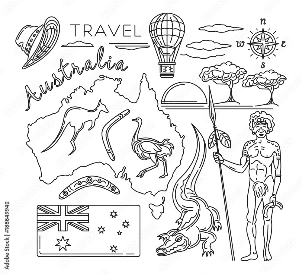 Travel Australia line icons set. Map of the Australia and travel icons ...
