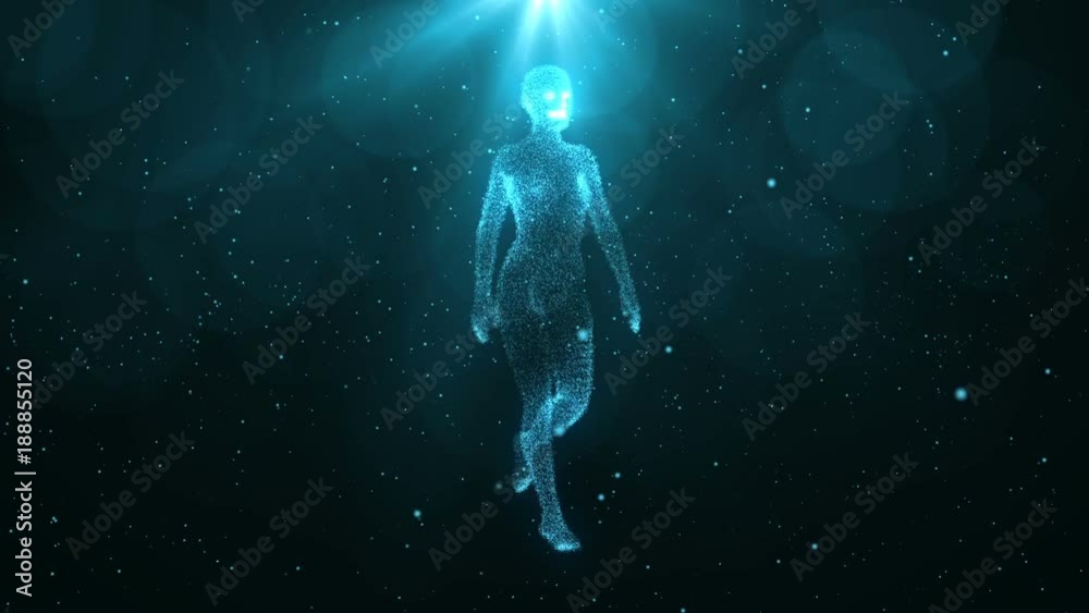 Human female figure made of particles walking, glowing silhouette ...