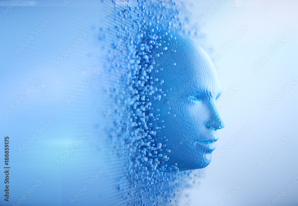 Man face with pixel dispersion effect. Concept of technology, modern ...