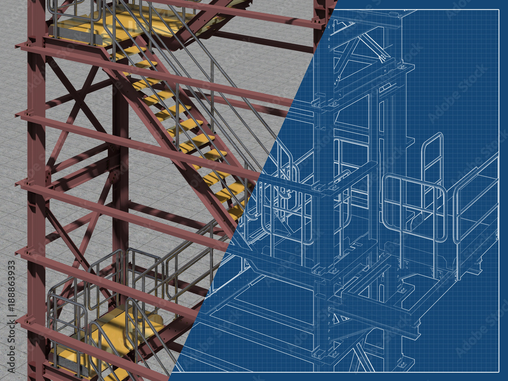 Model metal industrial staircase. Drawing blueprint. Shiny metal fence ...