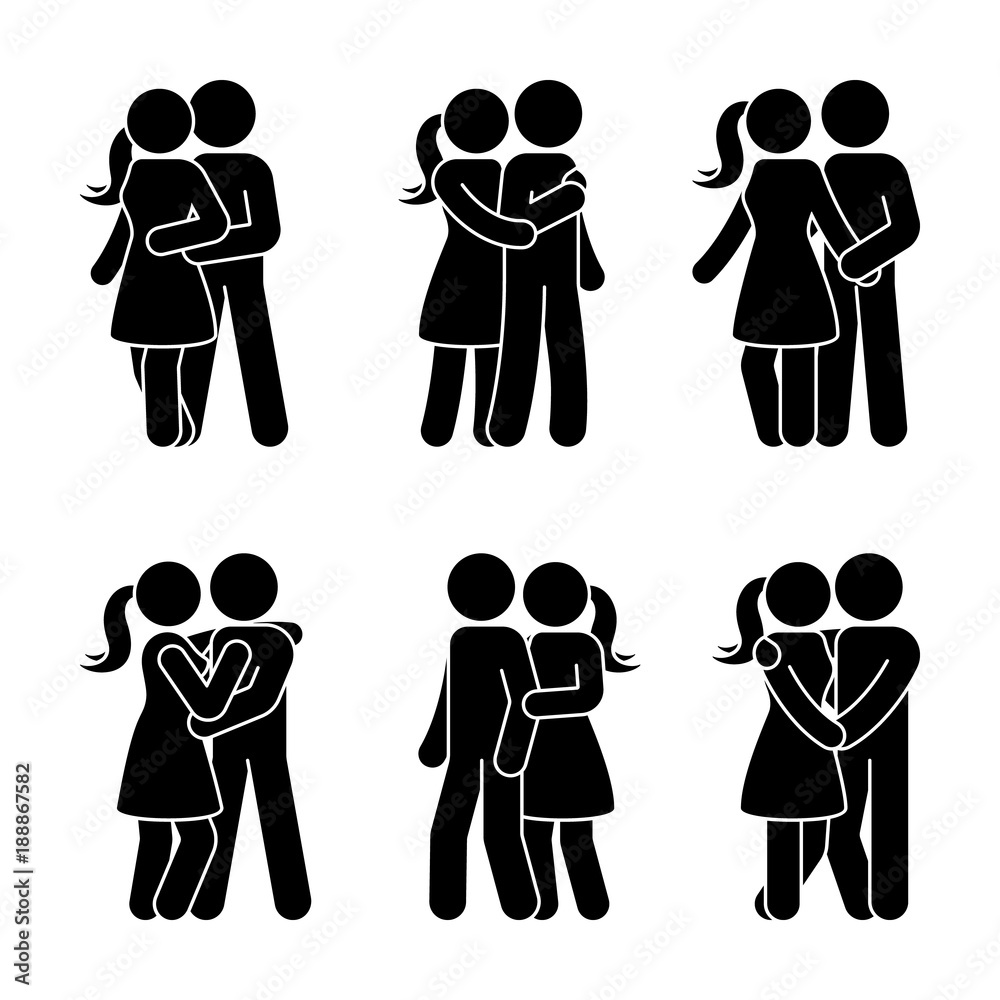 Stick figure happy couple embrace one another. Man and woman in love ...