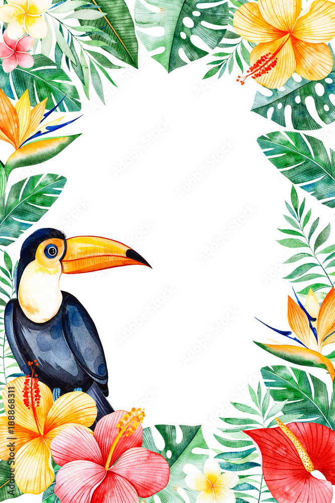 Watercolor tropical frame border.Texture with greens,branch,exotic ...