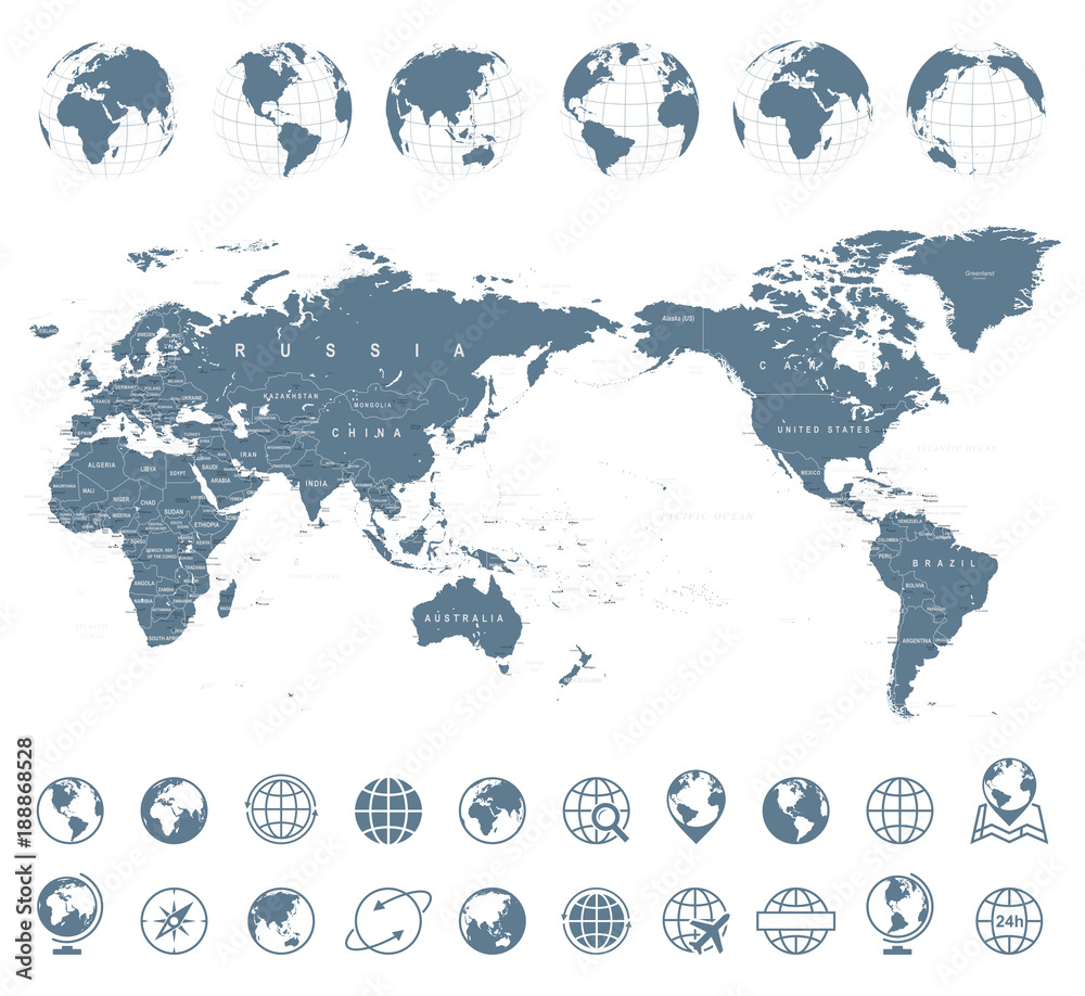 World Map Gray - Asia in Center Stock Vector | Adobe Stock