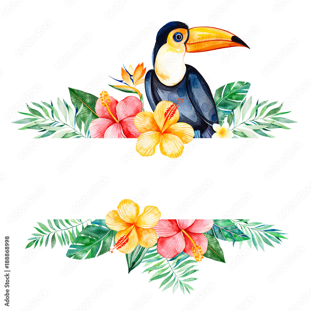 Watercolor tropical frame border.Texture with greens,branch,exotic ...