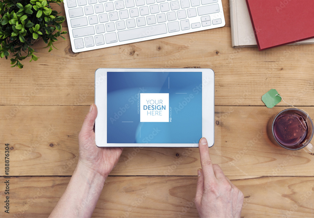 Tablet Mockup with Keyboard on Wooden Table Stock Template | Adobe Stock