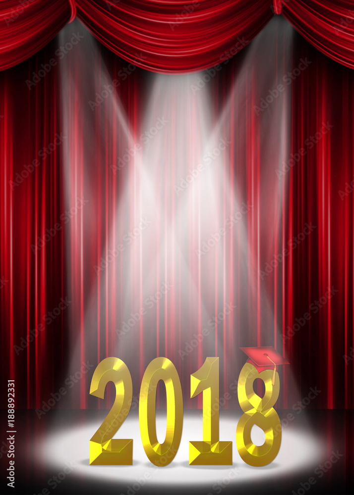 red curtain backdrop and 2018 gold text in spotlight on stage for ...